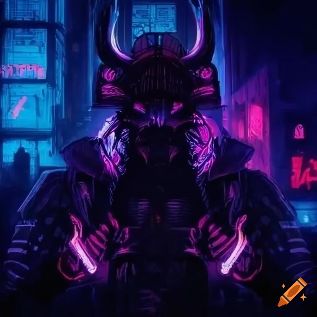 Neon-lit cyberpunk city with samurai theme on Craiyon