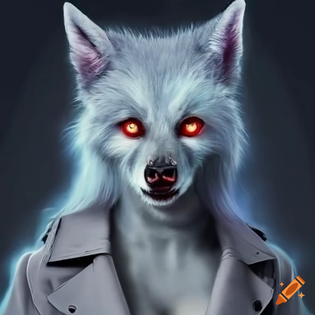 Grey werewolf with fox features and white glowing eyes in trench coat ...