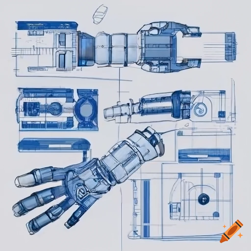 Blueprint of a mechanical prosthetic hand and arm with scifi complex ...