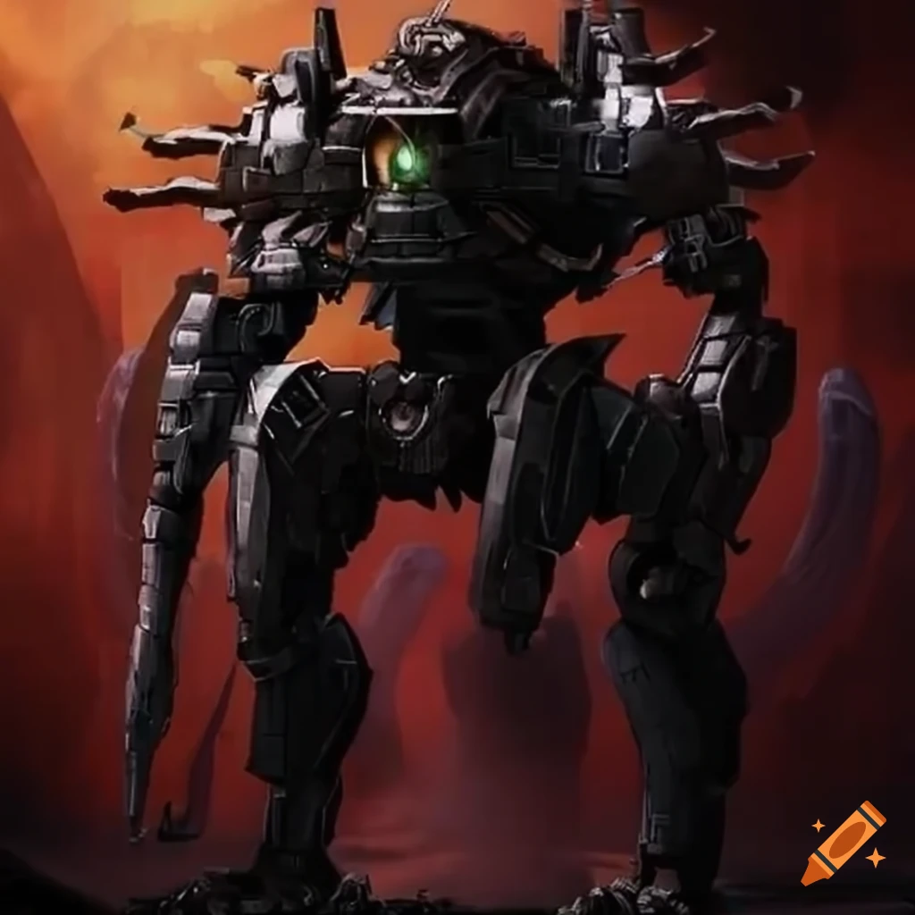 Space mech with black wings in an evil demon-like portrayal on Craiyon