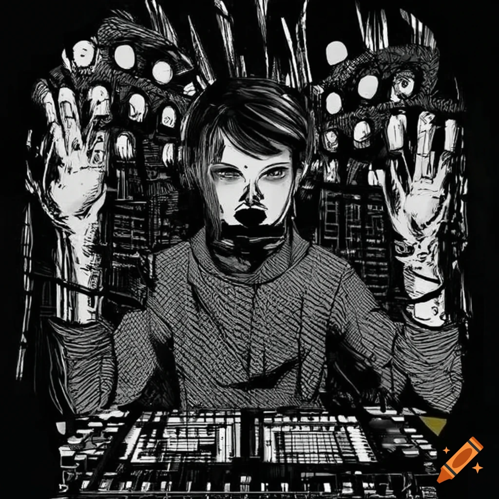 Comic noir depiction of a techno dj on Craiyon