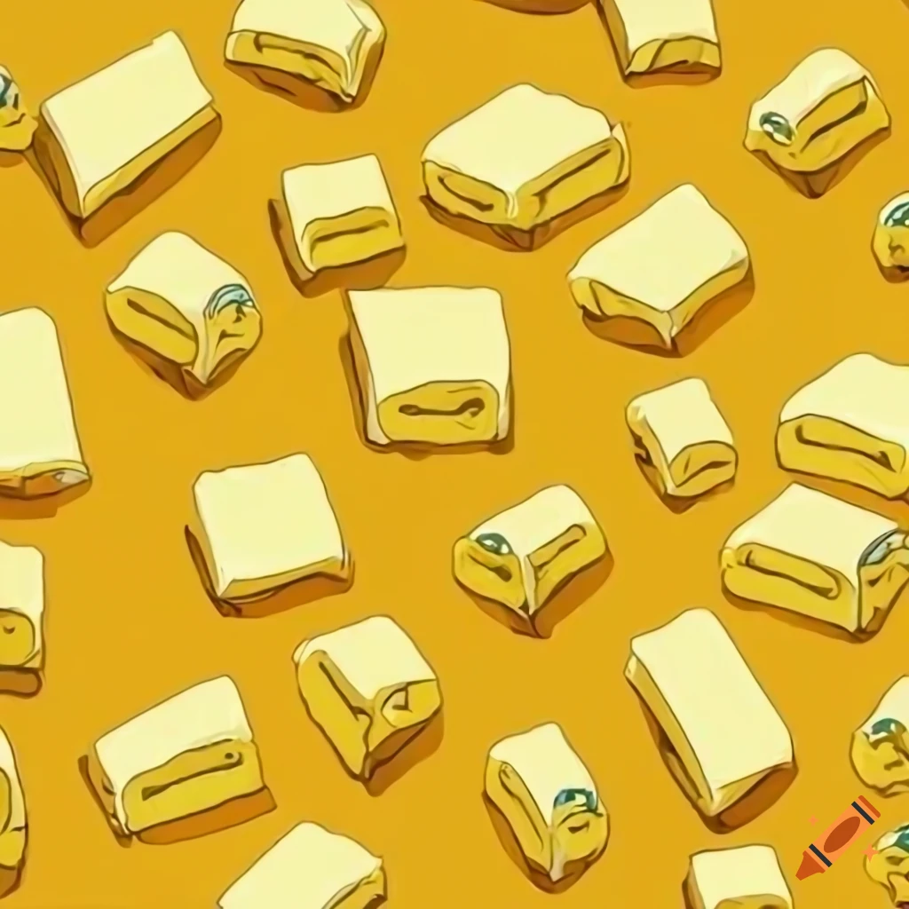 Butter vector art repeating in random angles on a yellow background on ...