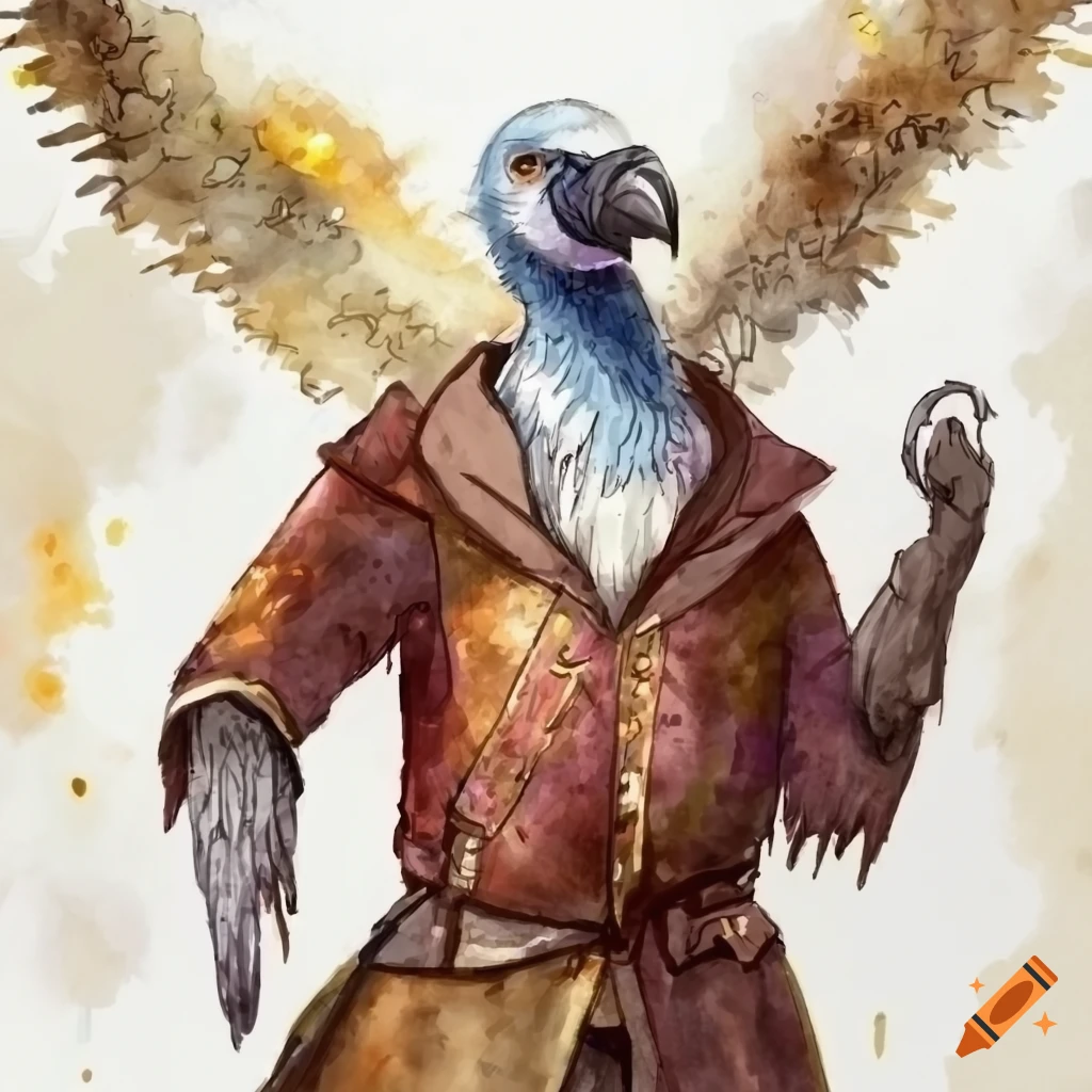 Anthropomorphic vulture dressed as a merchant in ornate tunic, detailed ...