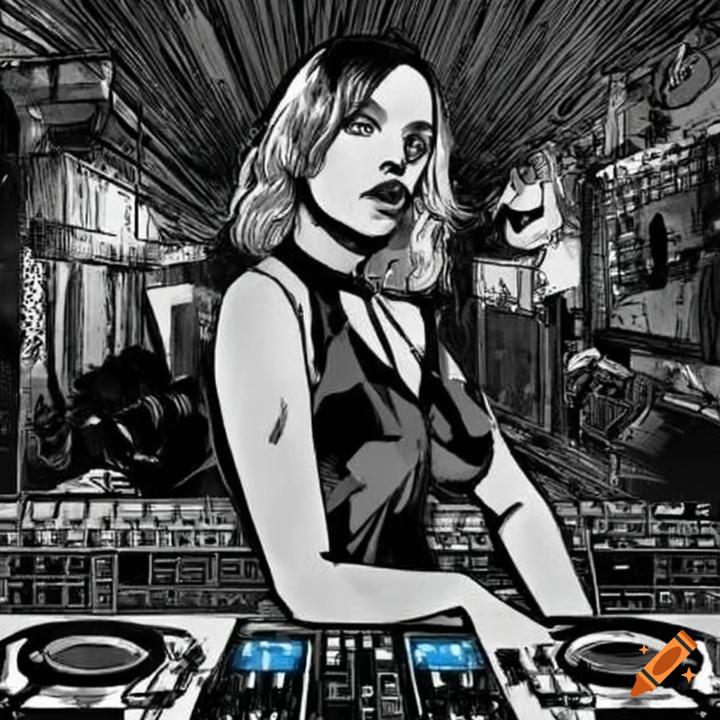 Comic noir depiction of a techno dj on Craiyon