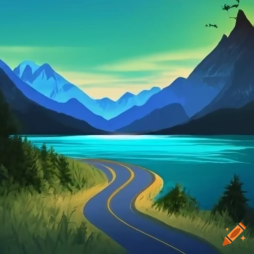 Winding road through flat scenery leading to stunning mountain range and serene blue lake on Craiyon