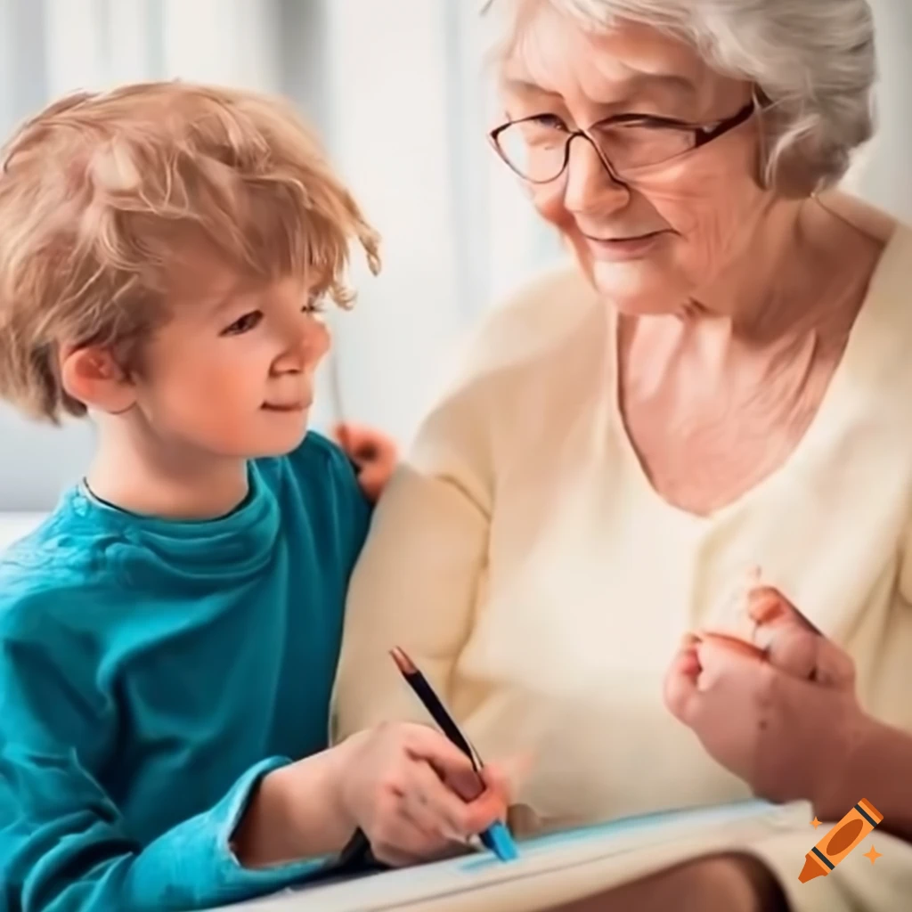 Boy looking at his grandmother while she is writing with a pencil on ...