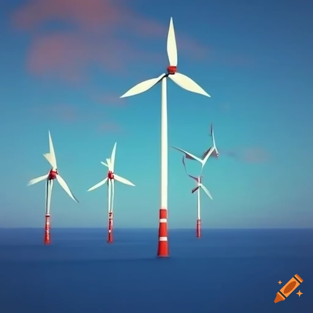 Three colorful wind turbines in a field on Craiyon