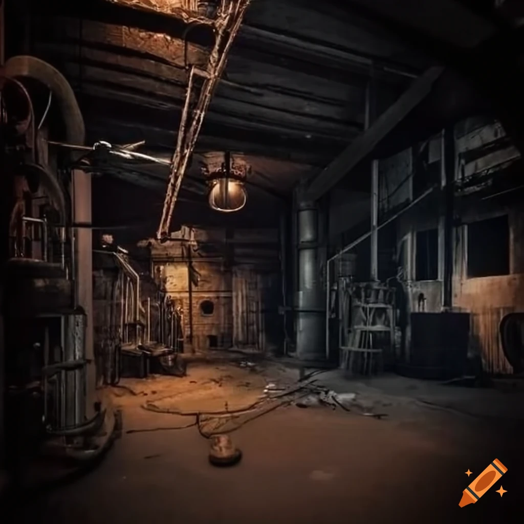 Dark and gritty industrial metal rooms with pipes and cables at night ...