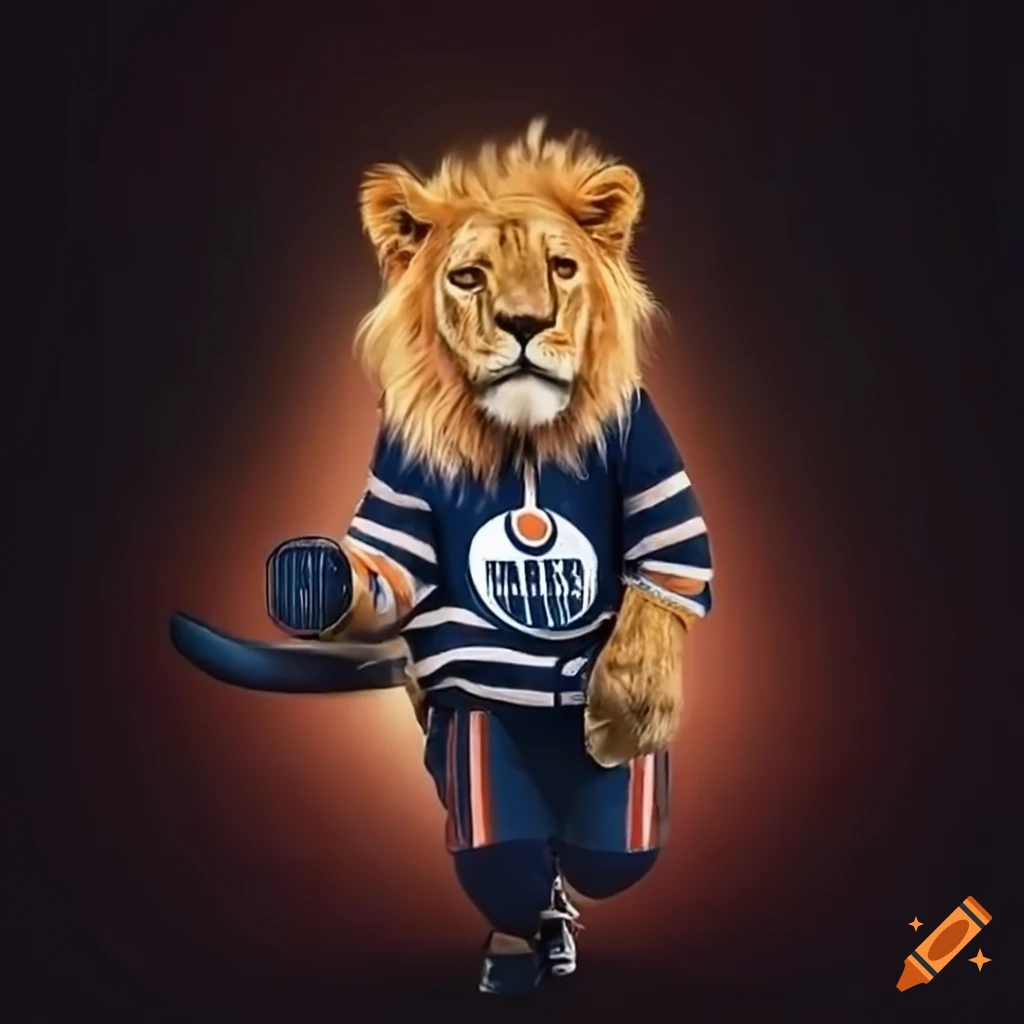Lion wearing oilers jersey walking with a saddle on Craiyon