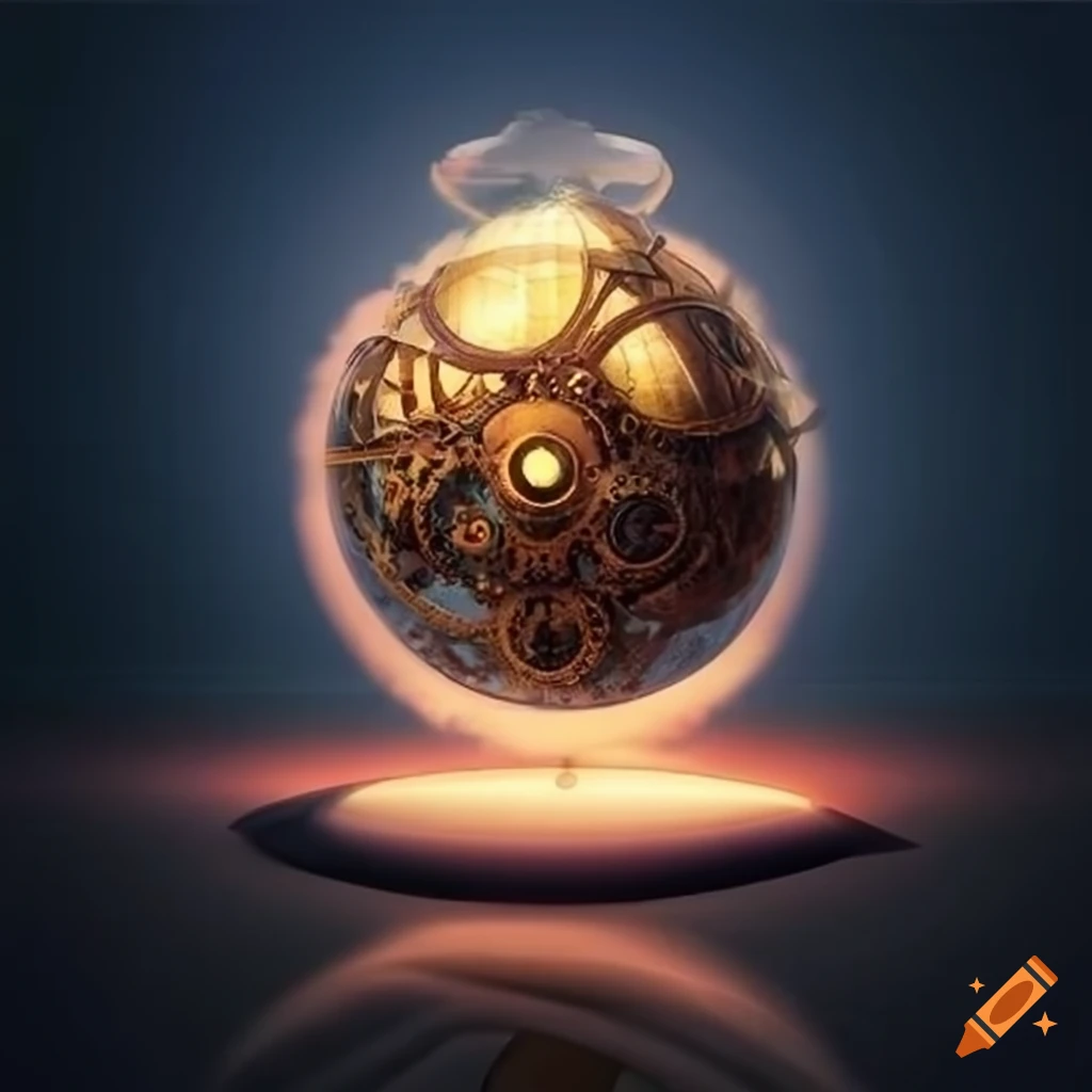 Floating clockwork globe of light in a fantasy setting on Craiyon