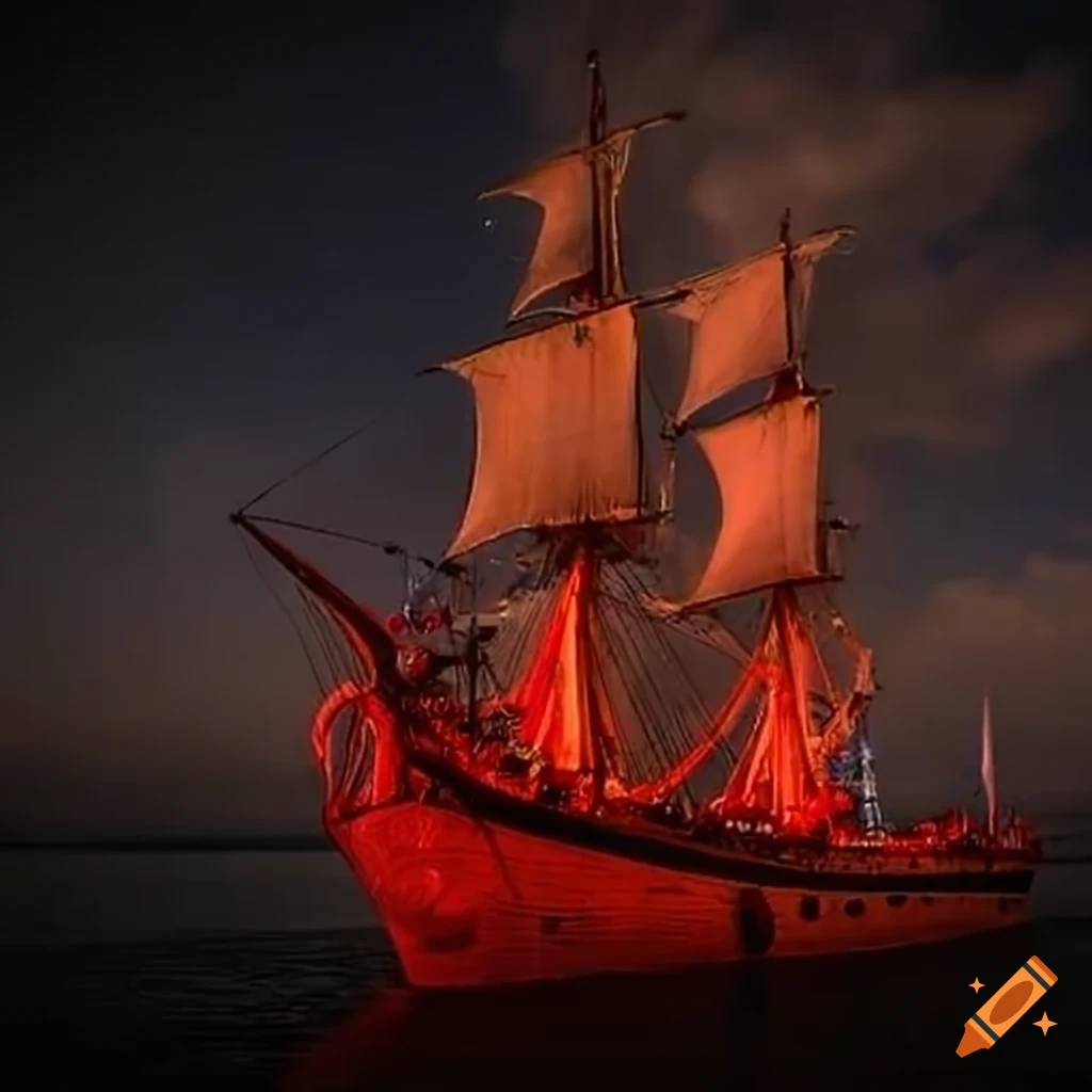 Red kraken attacking a sailing ship on Craiyon