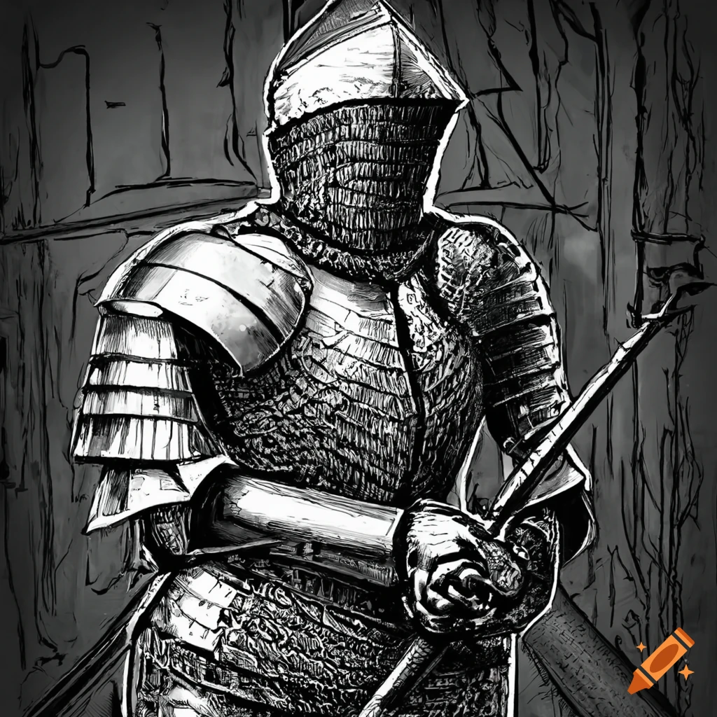 Eerie black and white ink drawing of medieval armor and halberd in a ...