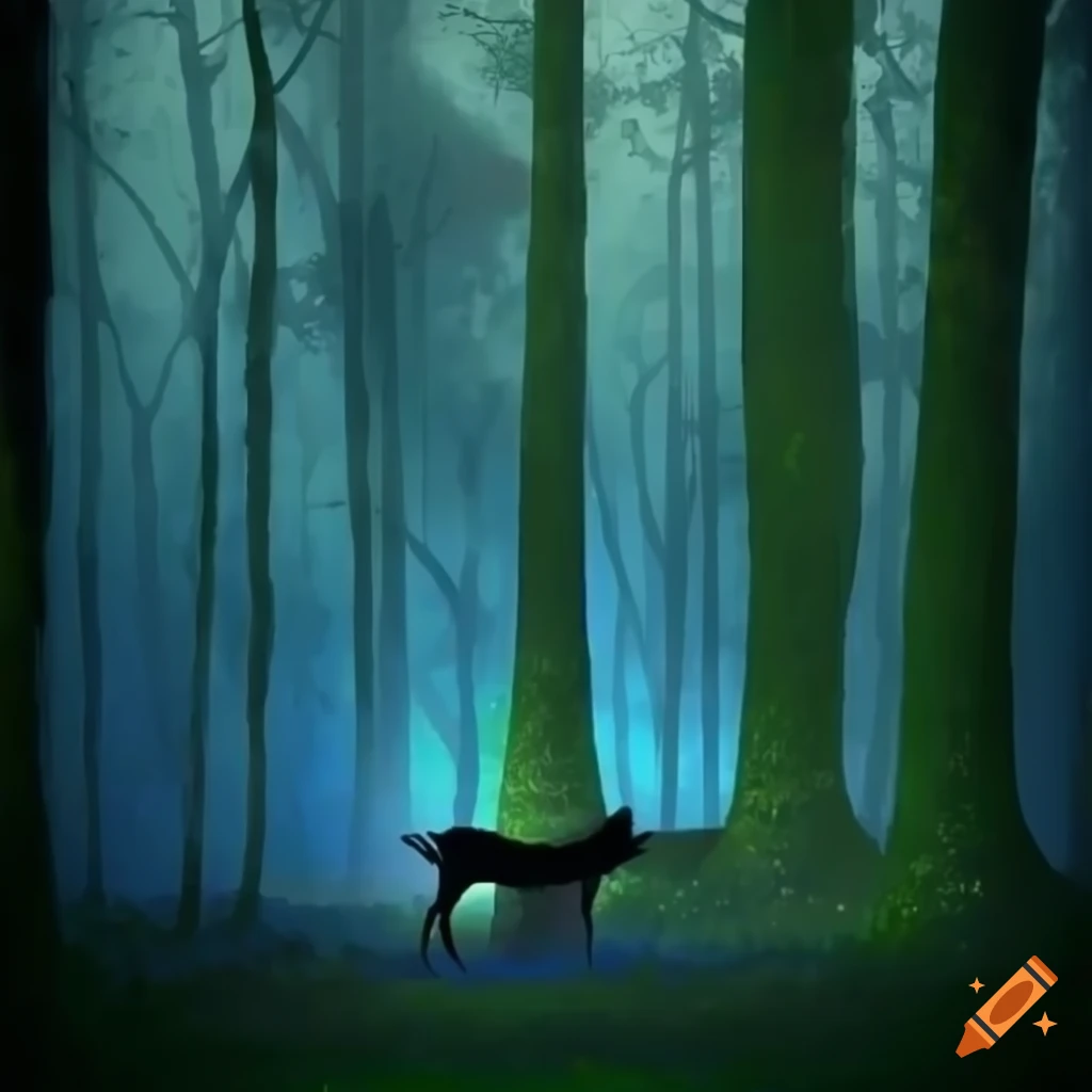 Enchanted forest with black labrador standing under moonlight on Craiyon