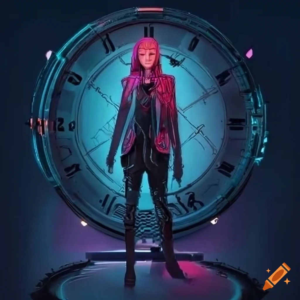 Cyberpunk chronomancer standing in front of a clock on Craiyon