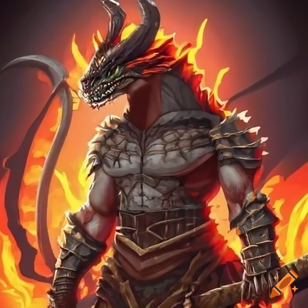 Towering humanoid dragon-lizard creature in barbarian armor with a ...
