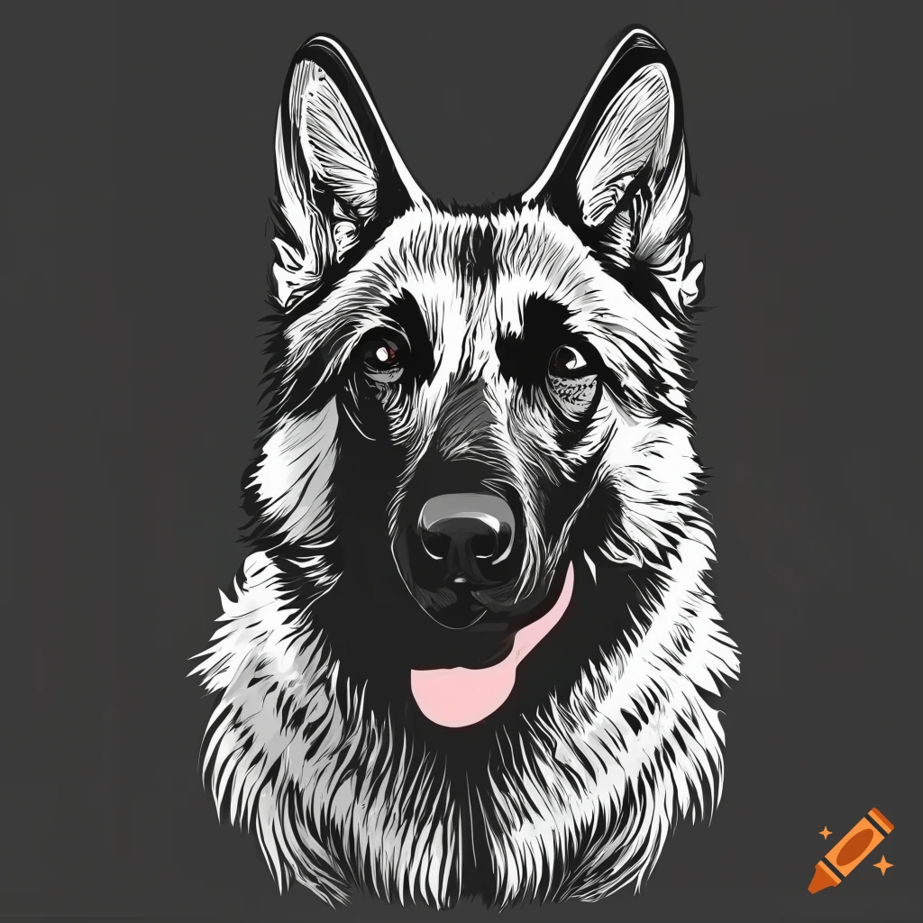 German shepherd dog head in detailed black and white vector graphic on ...