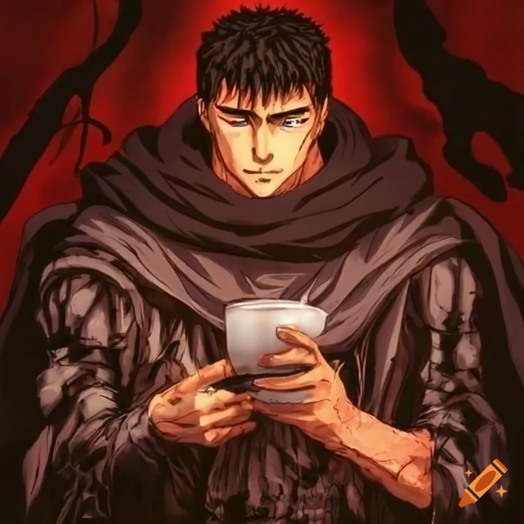 Guts from Berserk anime drinking tea and holding a cigarette on Craiyon