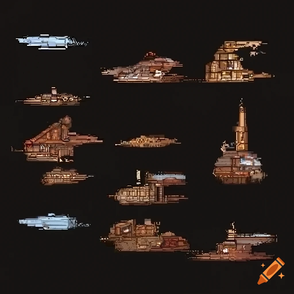 Broken and rusty scrap space ship sprites on Craiyon