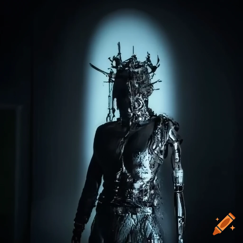 Up close full body shot of a white metal cyborg in epic warm colored ...