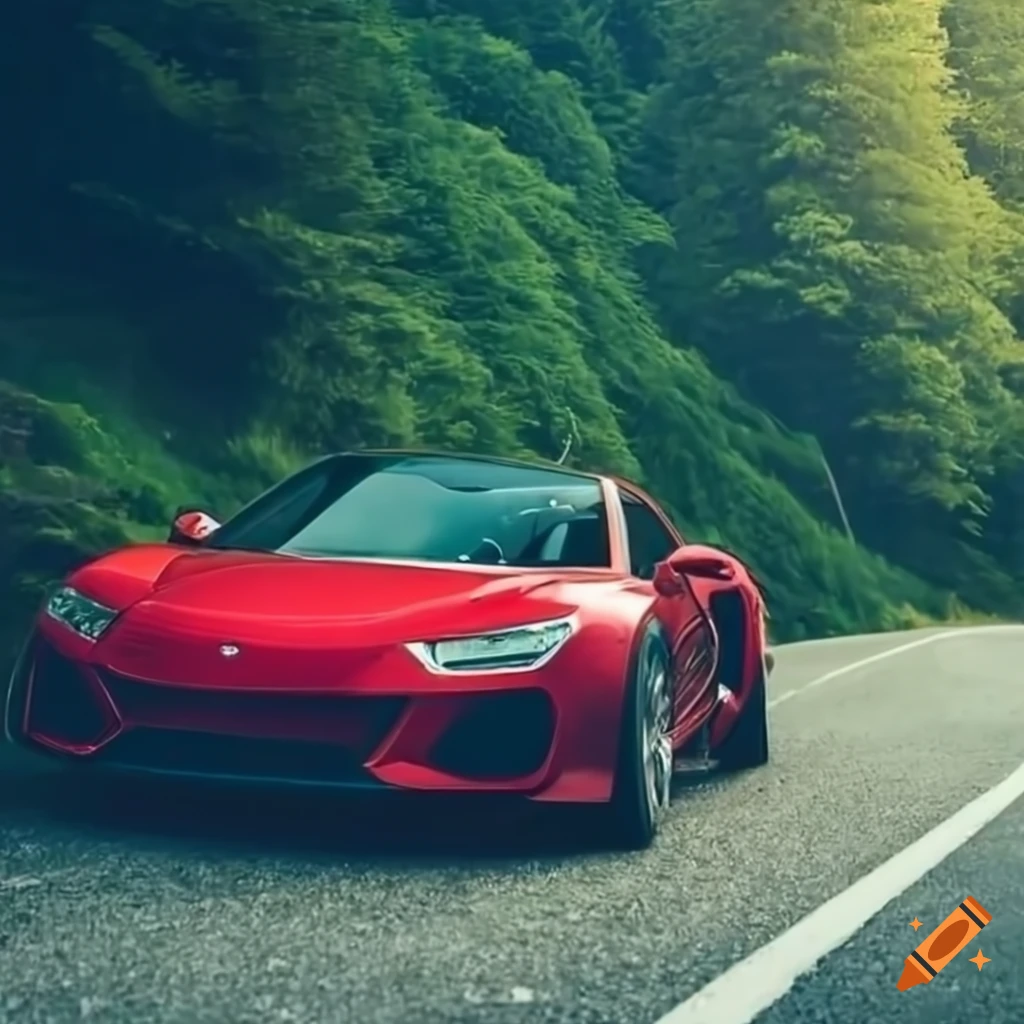 Sleek and shiny sports car parked on a picturesque mountain road in the summer on Craiyon