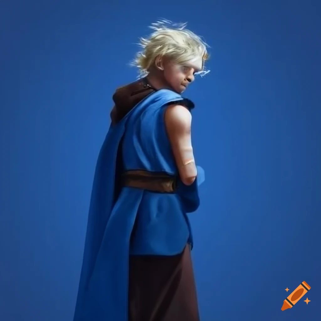 Young male monk with messy blonde hair and blue robe on Craiyon