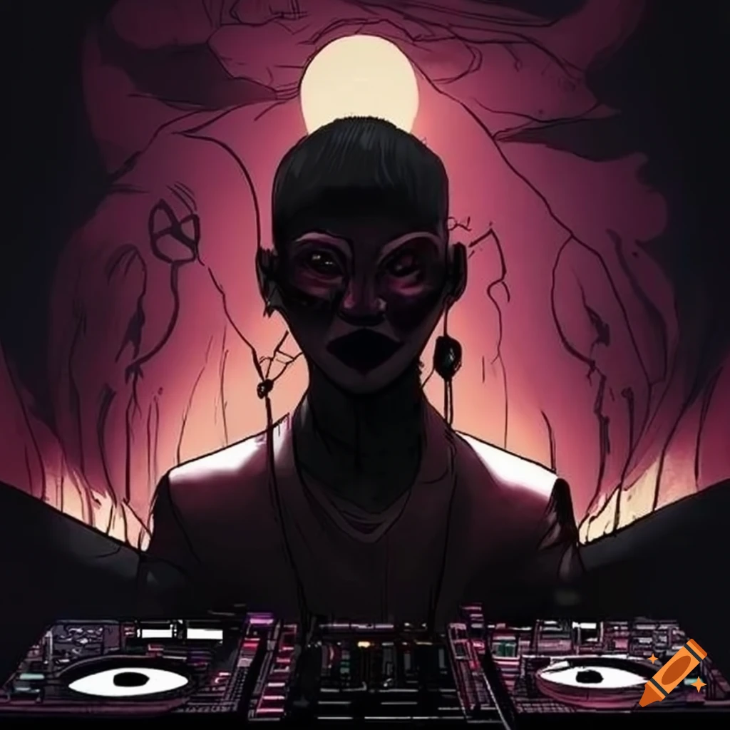 Comic noir depiction of a techno dj on Craiyon