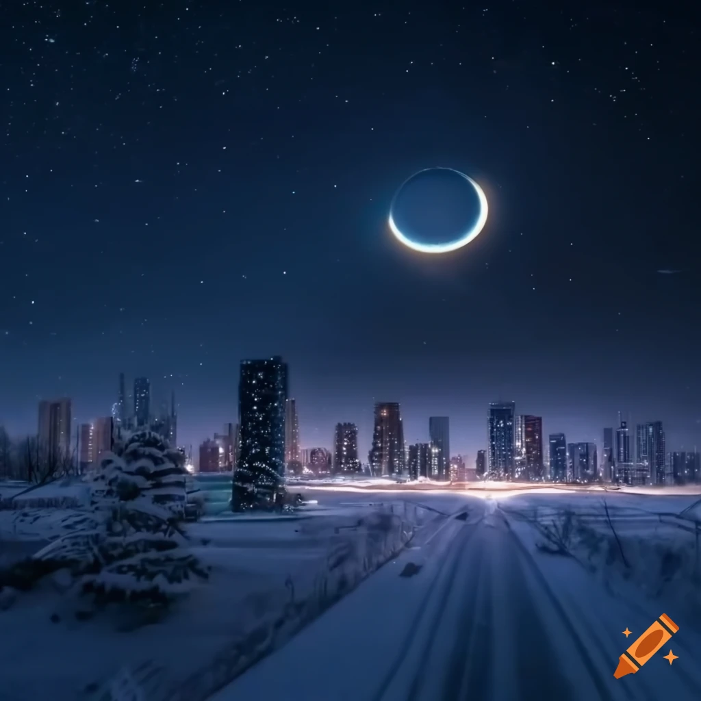 Frozen city landscape at night with solar eclipse and snowstorm on Craiyon