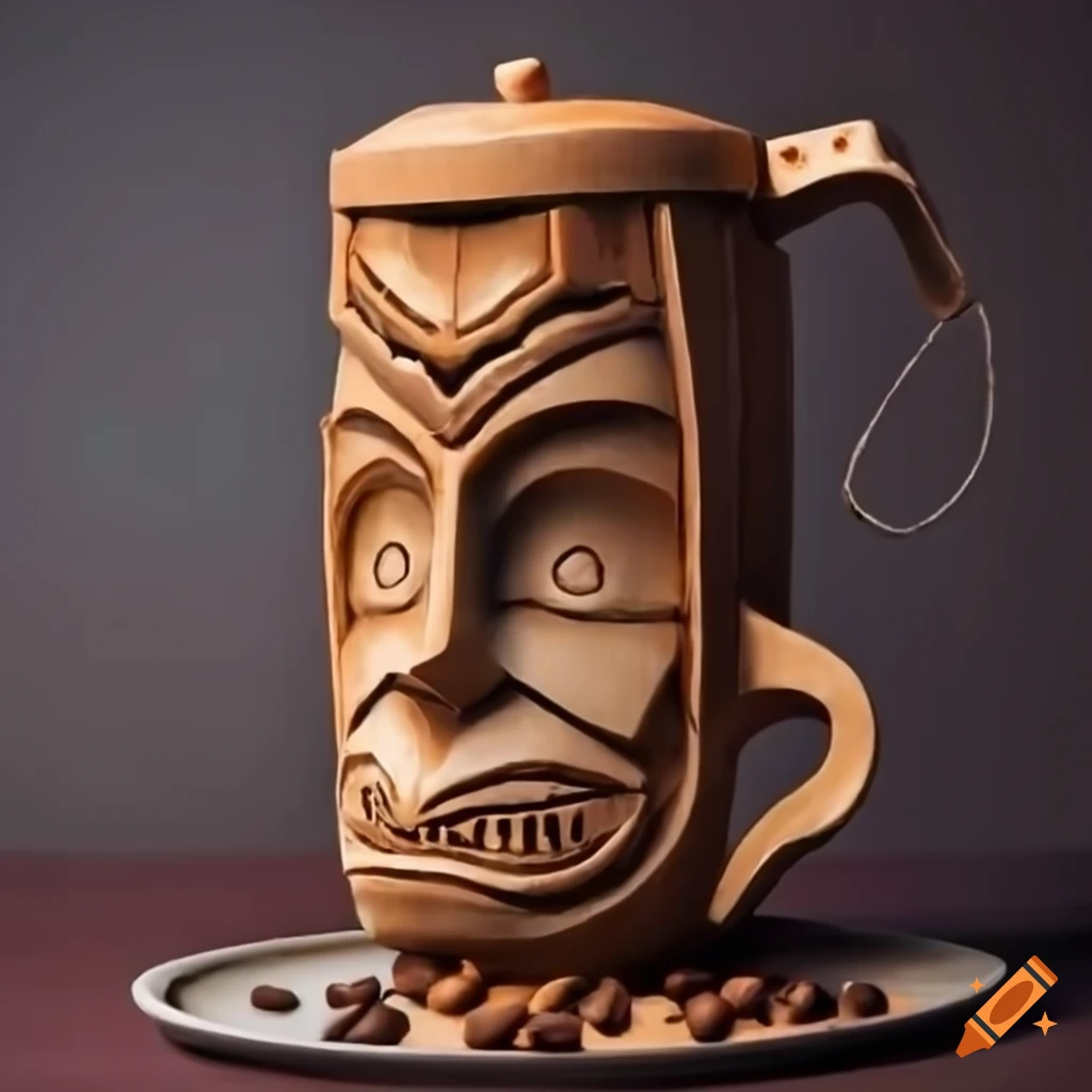 Carving of a coffee cup under a stylized coffee pot with human face on ...