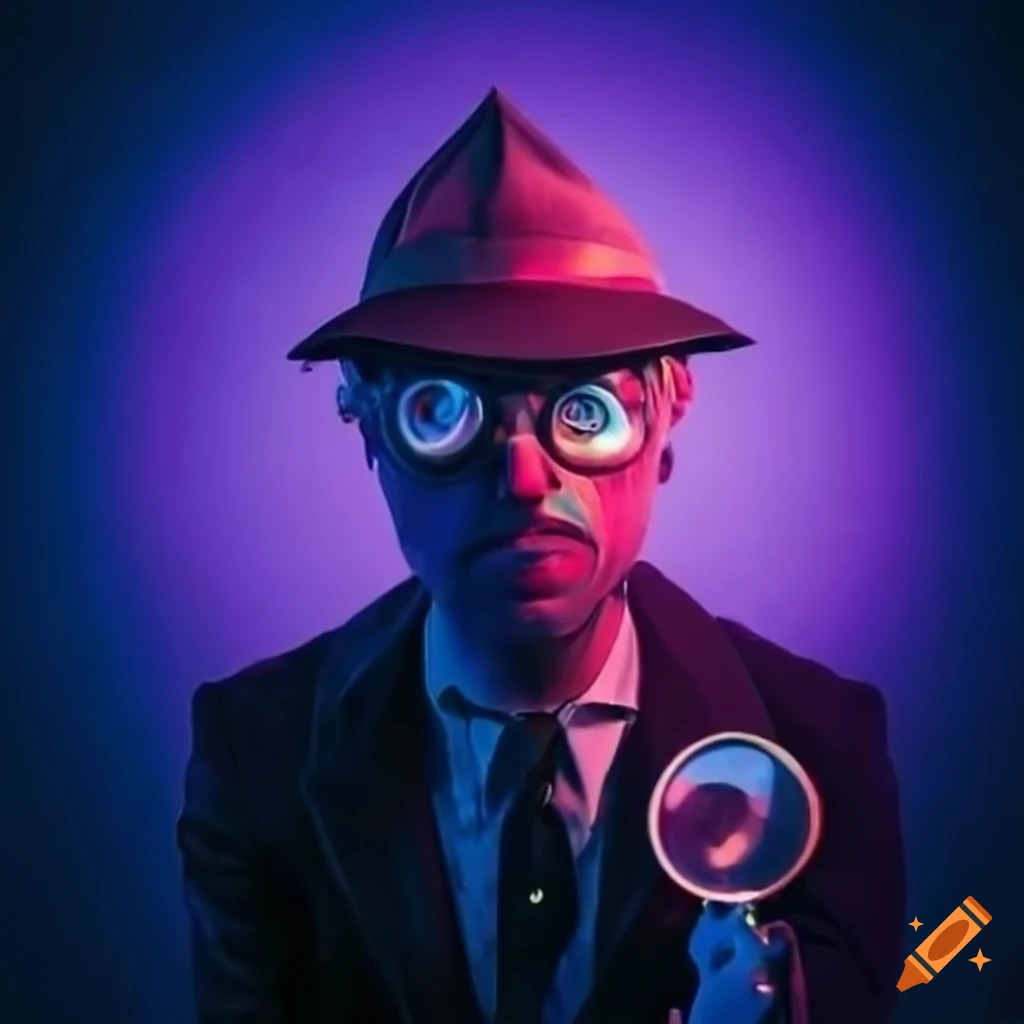 Funny private detective with a cake head searching for footsteps in ...