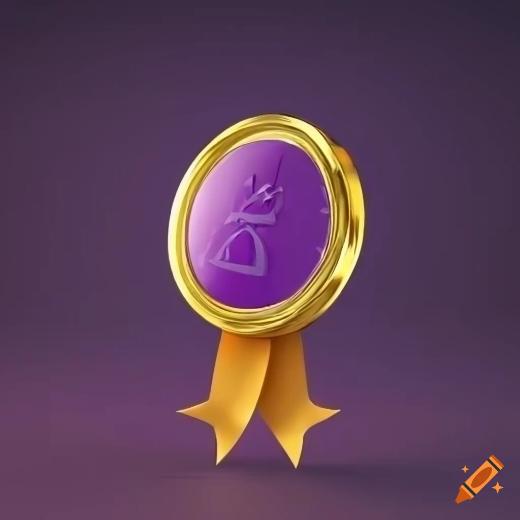 Golden medal with violet ribbon in 3D studio lighting on Craiyon