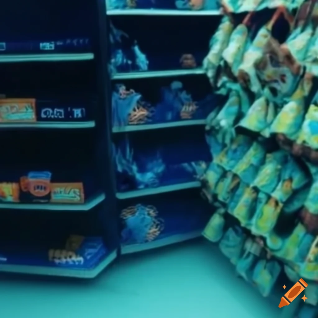 Aisles with 90s nostalgia products at an underwater walmart on Craiyon