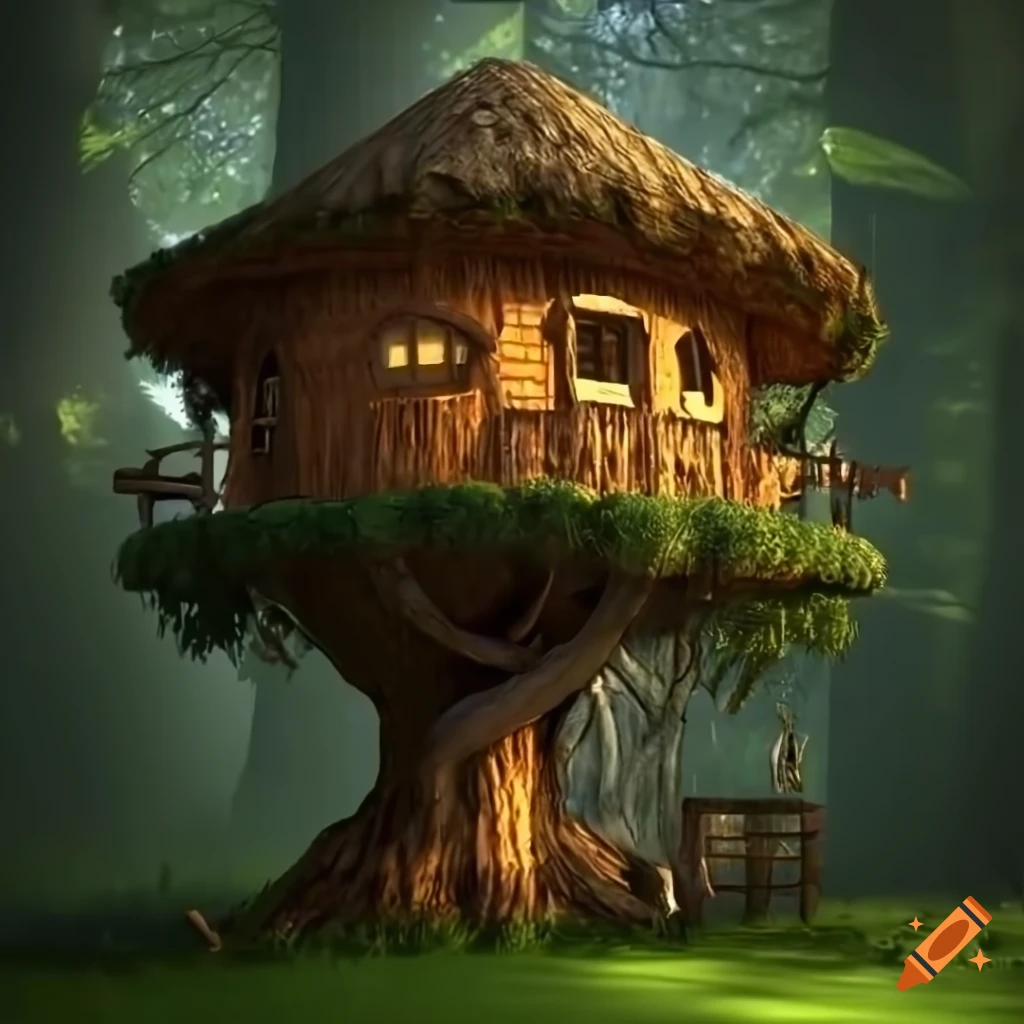 Big oak tree house with dwarfs in a realistic 3d setting on Craiyon