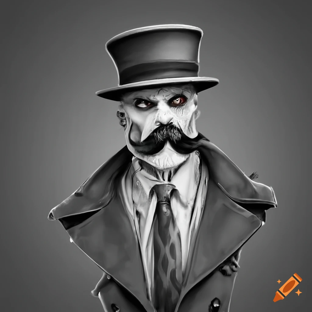 Sinister villain with mustache, top hat, and trench coat in black and ...