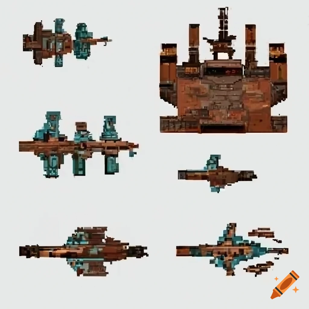 Broken and rusty scrap space ship sprites on Craiyon