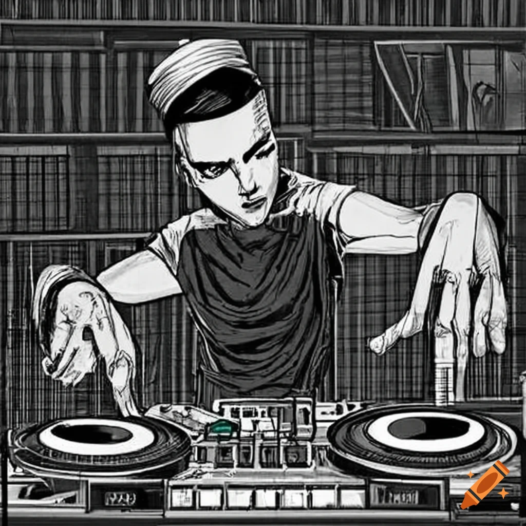 Comic noir depiction of a techno DJ on Craiyon