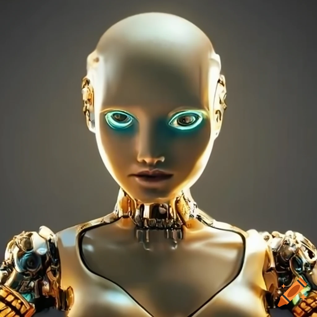Beautiful aphrodite robot in a golden sci-fi city on Craiyon