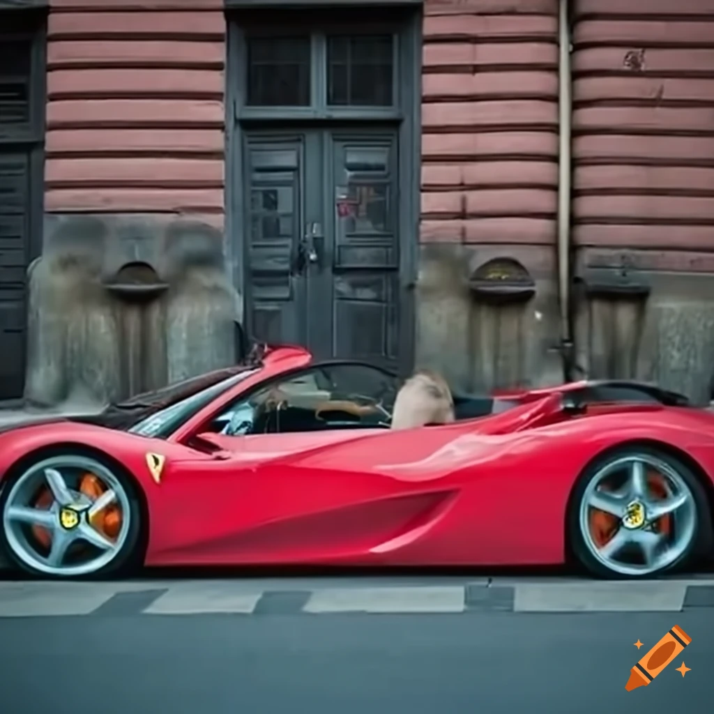 Baboon driving a ferrari with other baboons on the pavement on Craiyon