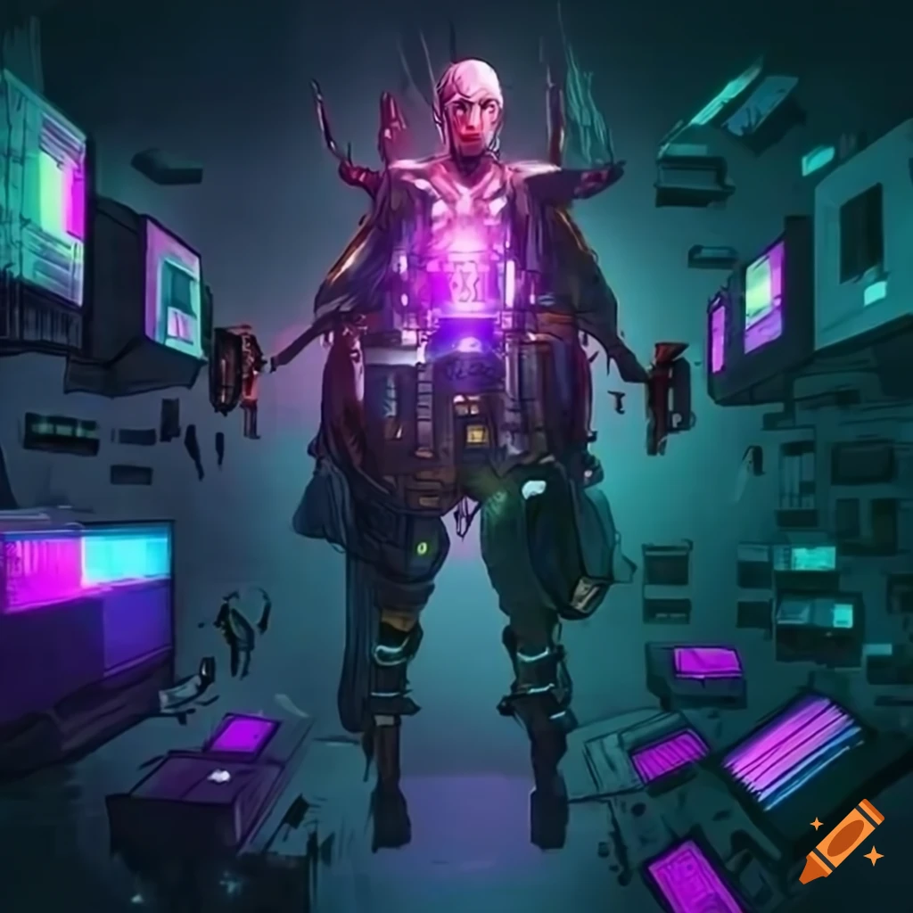 Cyberpunk technomancer surrounded by floating computers on Craiyon