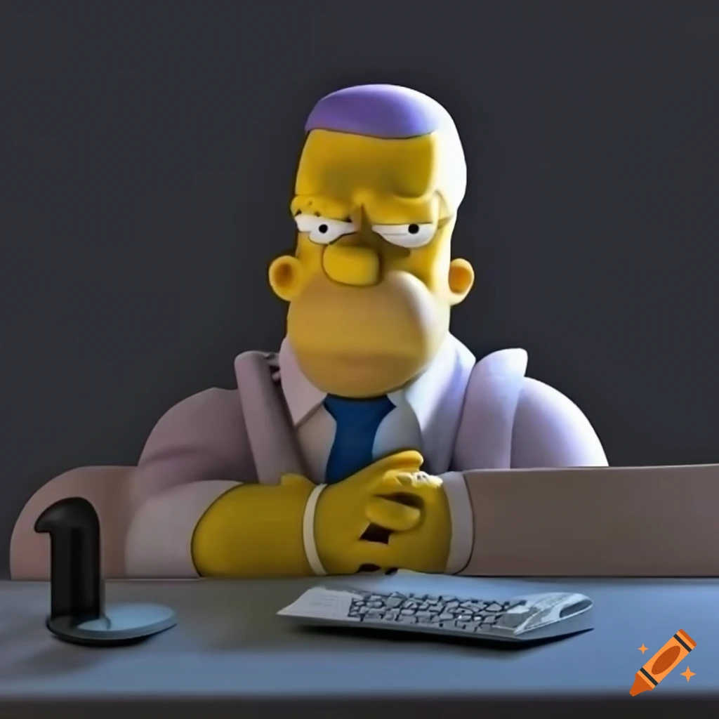 3D rendering of Homer Simpson sitting at an office desk on Craiyon