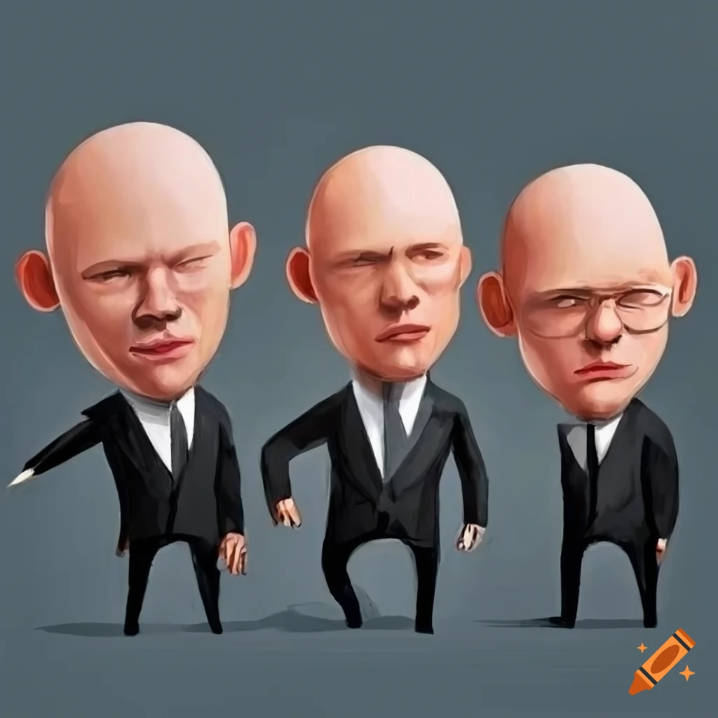 Crayon drawing of three bald men in black suits on Craiyon