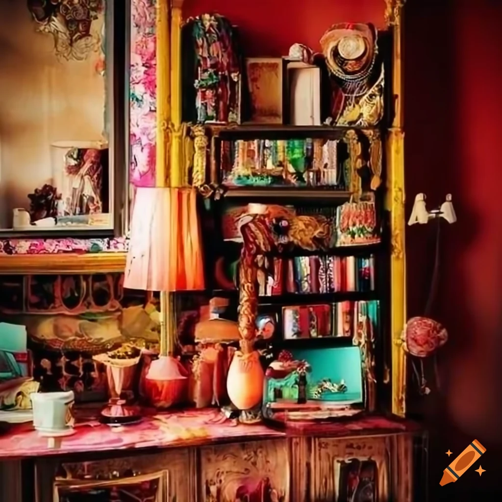 Maximalist organized clutter interior on Craiyon