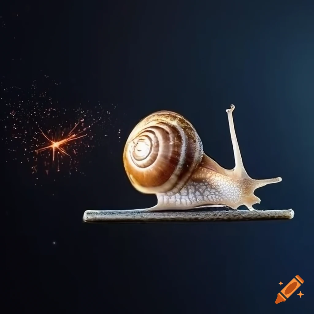 French snail with flag on a flying metallic baguette in deep space on ...