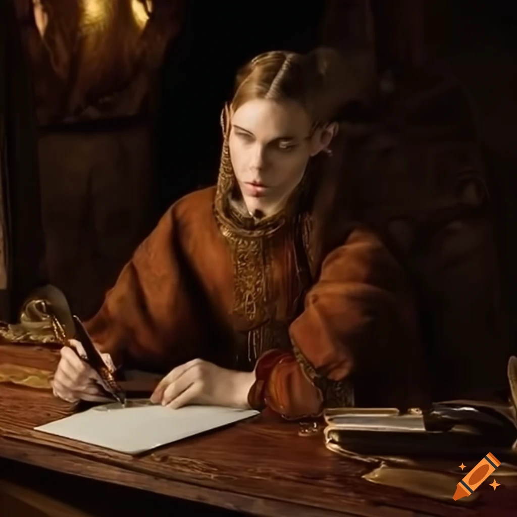 Medieval male elf writing at a desk on Craiyon