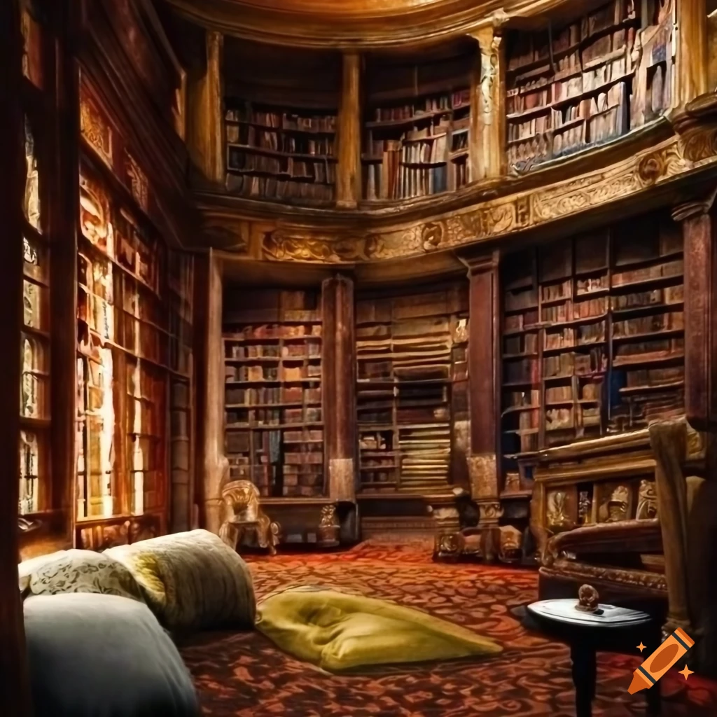 Cozy old library with a cat, sofa, carpets, and coffee on Craiyon