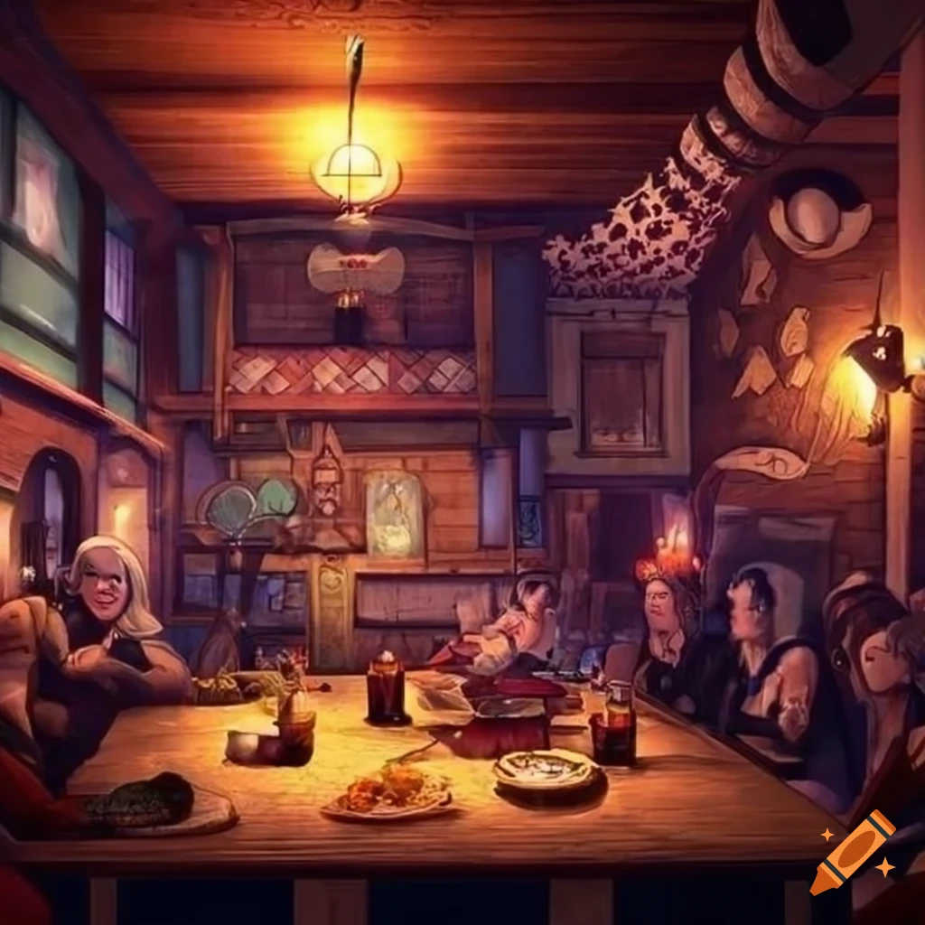 Cozy fantasy tavern with lively crowd enjoying food and drinks on Craiyon