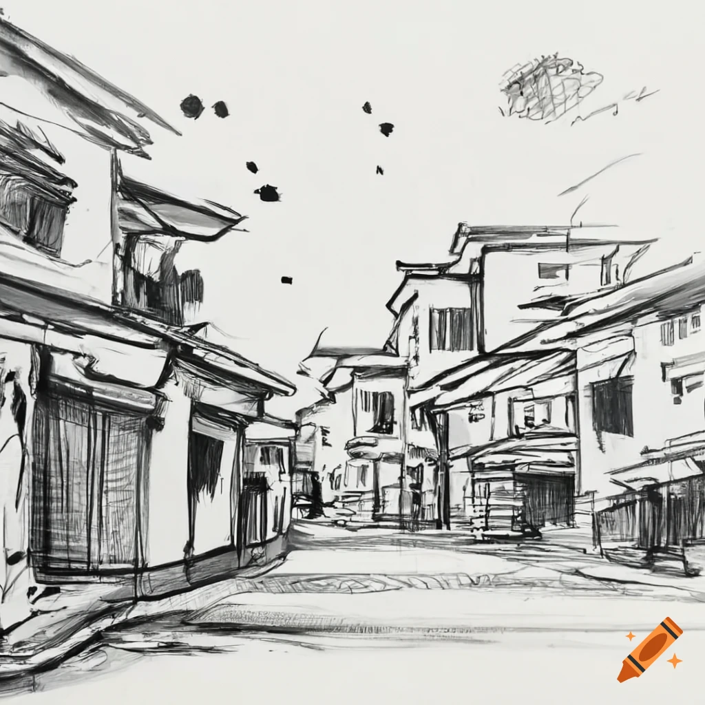 Panoramic minimalist pencil drawing of a peaceful vietnam suburb on Craiyon