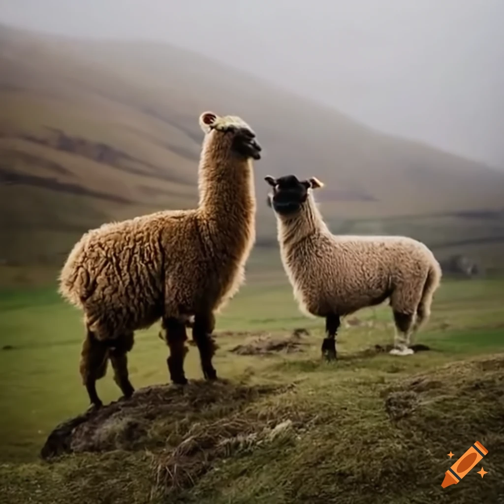 Sheep and alpaca hybrid animal in highlands on Craiyon