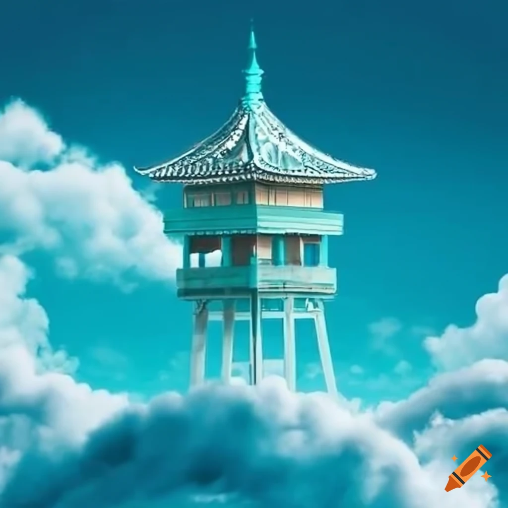Japanese style magical teal roof tower on top of clouds in the sky on ...