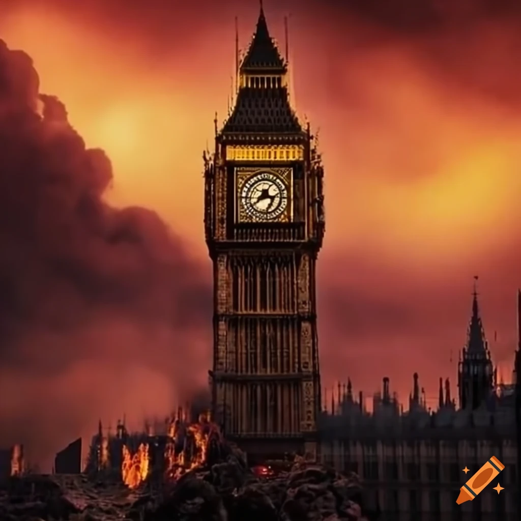 Apocalyptic view of big ben ruins with volcanic lava and flames on Craiyon