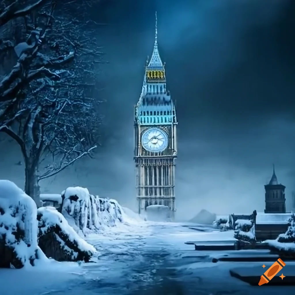 Apocalyptic big ben ruins frozen in icy snow during a blizzard on Craiyon